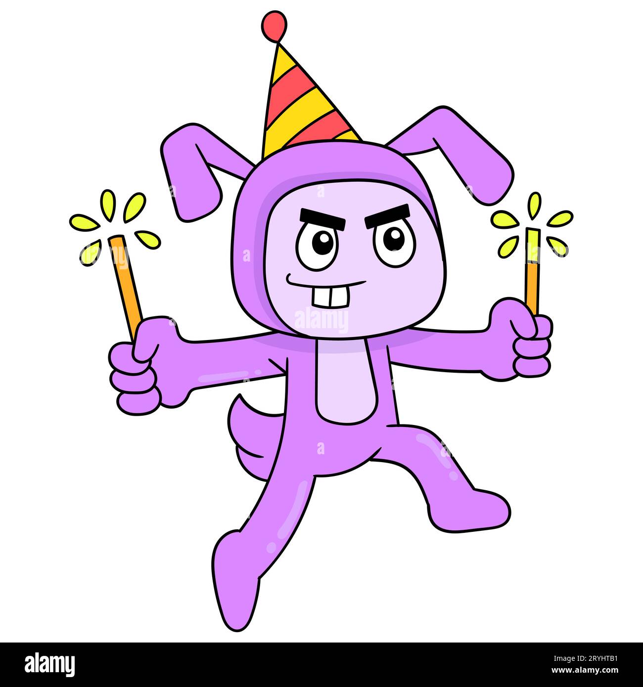 party bunny holding fireworks welcoming new year, vector illustration ...