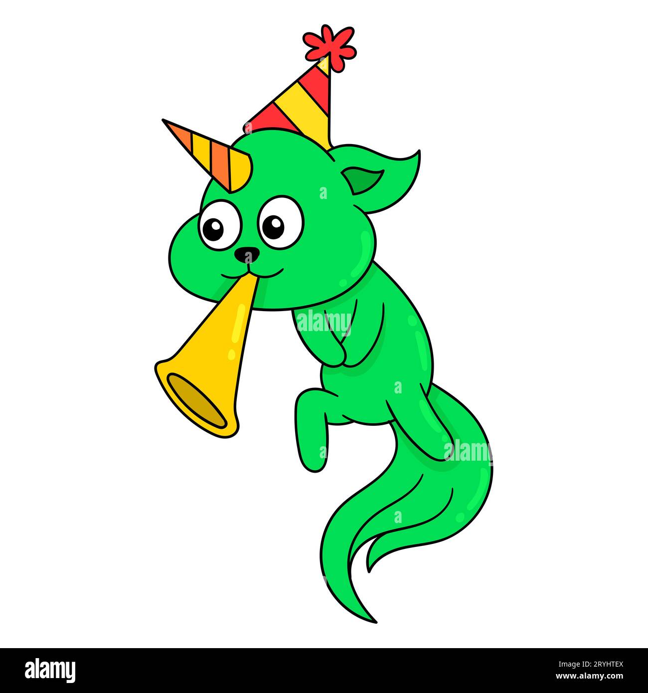 the cat is blowing the trumpet for the new year party, vector ...