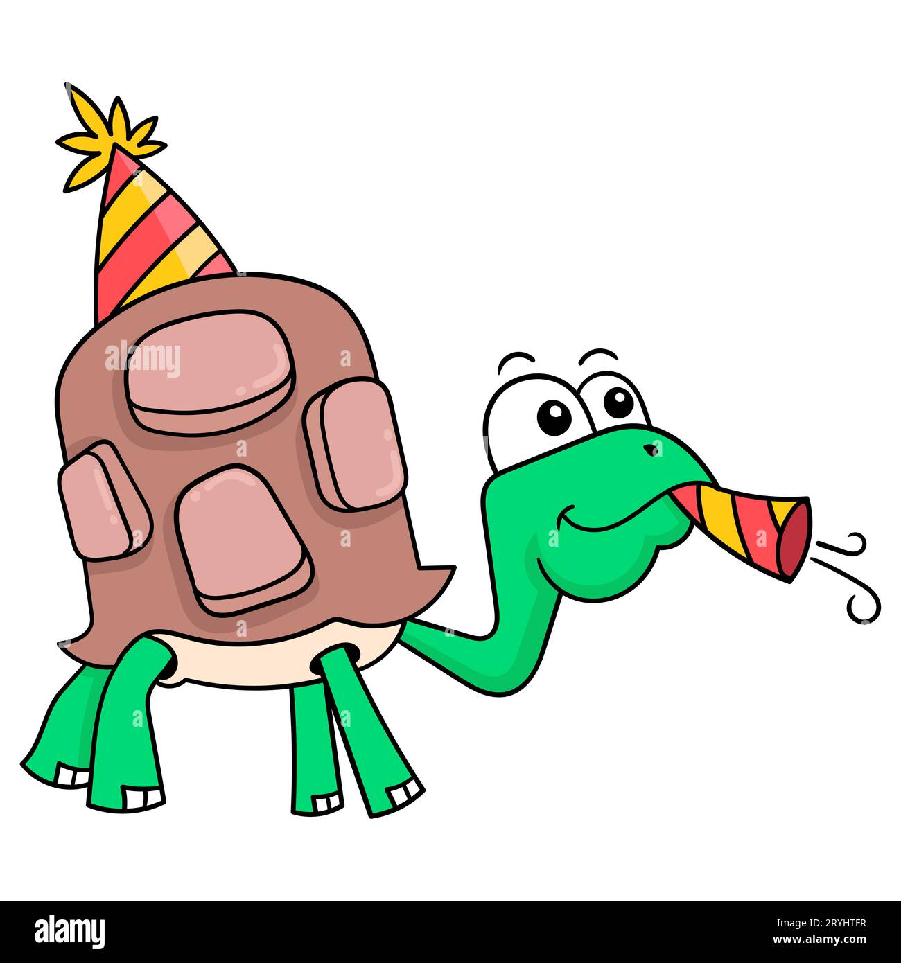 tortoise is walking celebrating christmas blowing new year trumpet ...