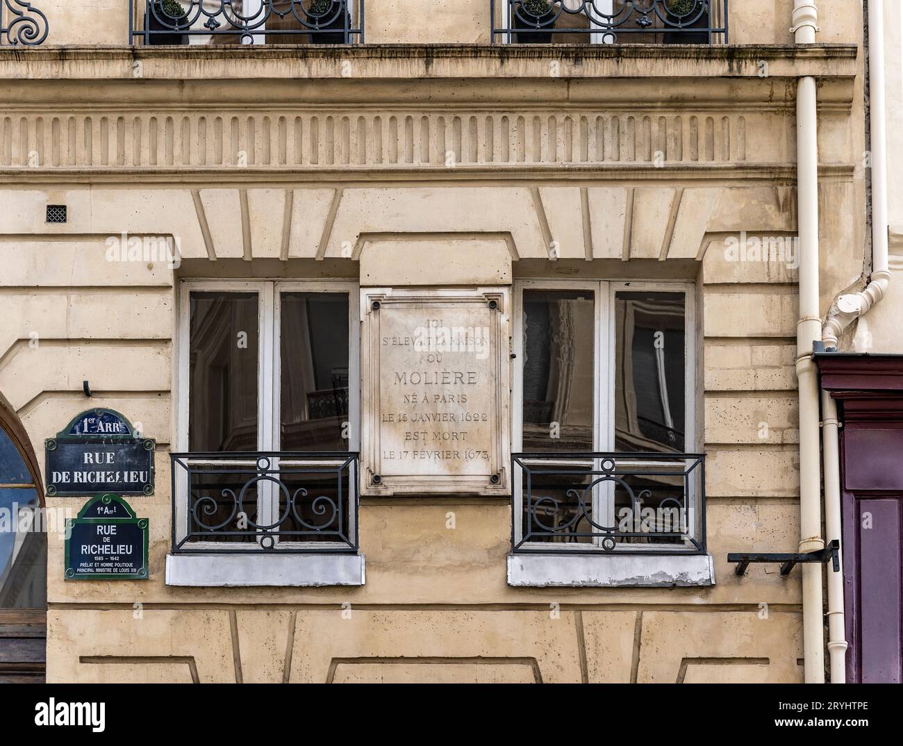 Plaque pointing the building in which French playwright Moliere lived ...