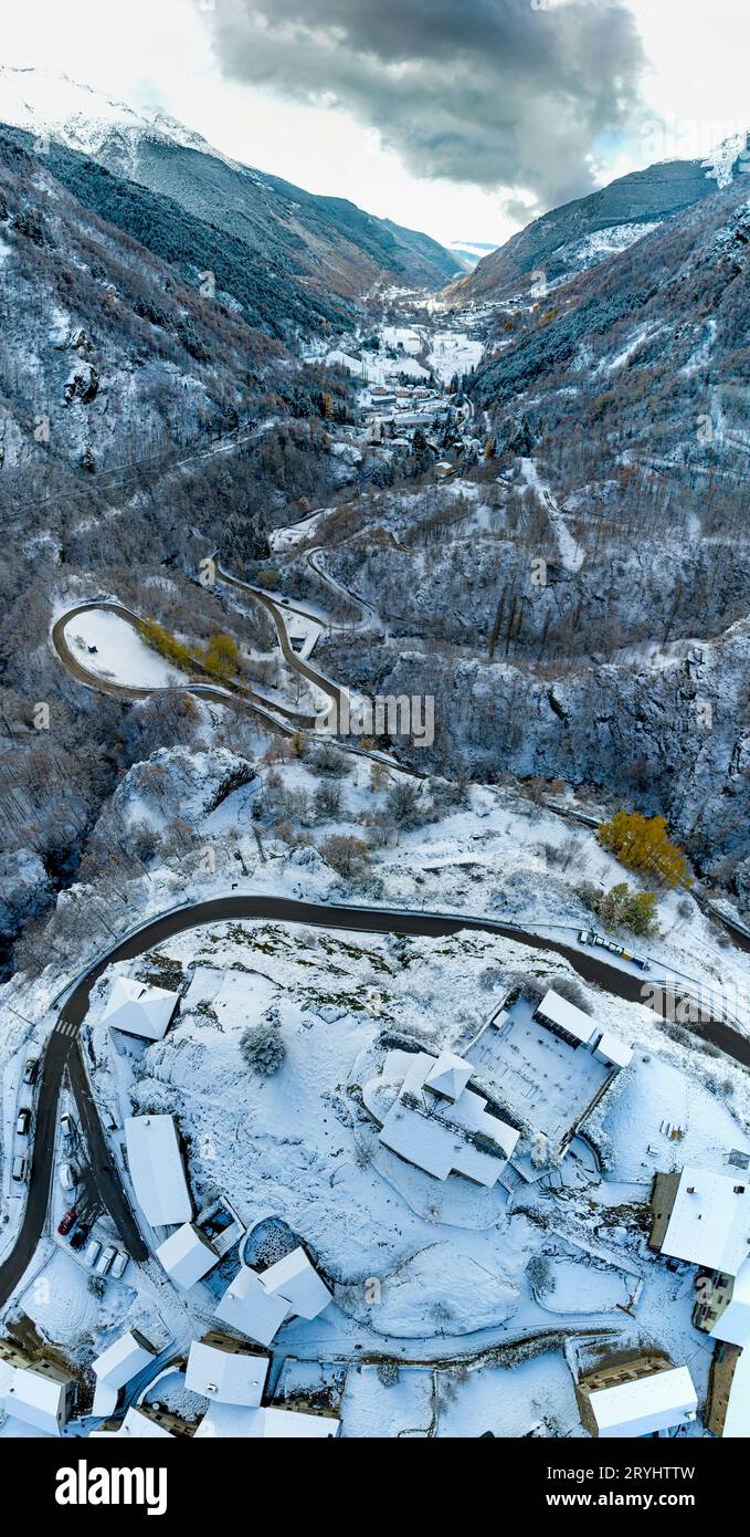 Aerial view of a snowy landscape in the pyrenees Stock Photo - Alamy