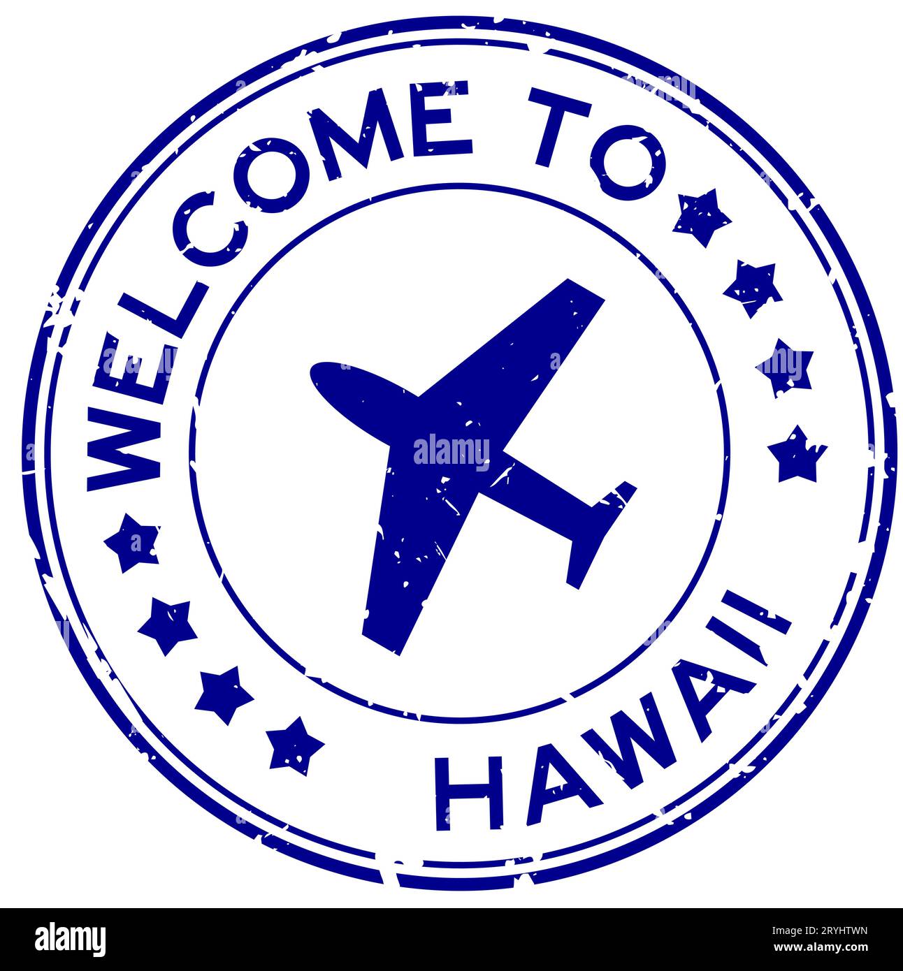Grunge blue welcome to word hawaii with plane icon round rubber seal ...