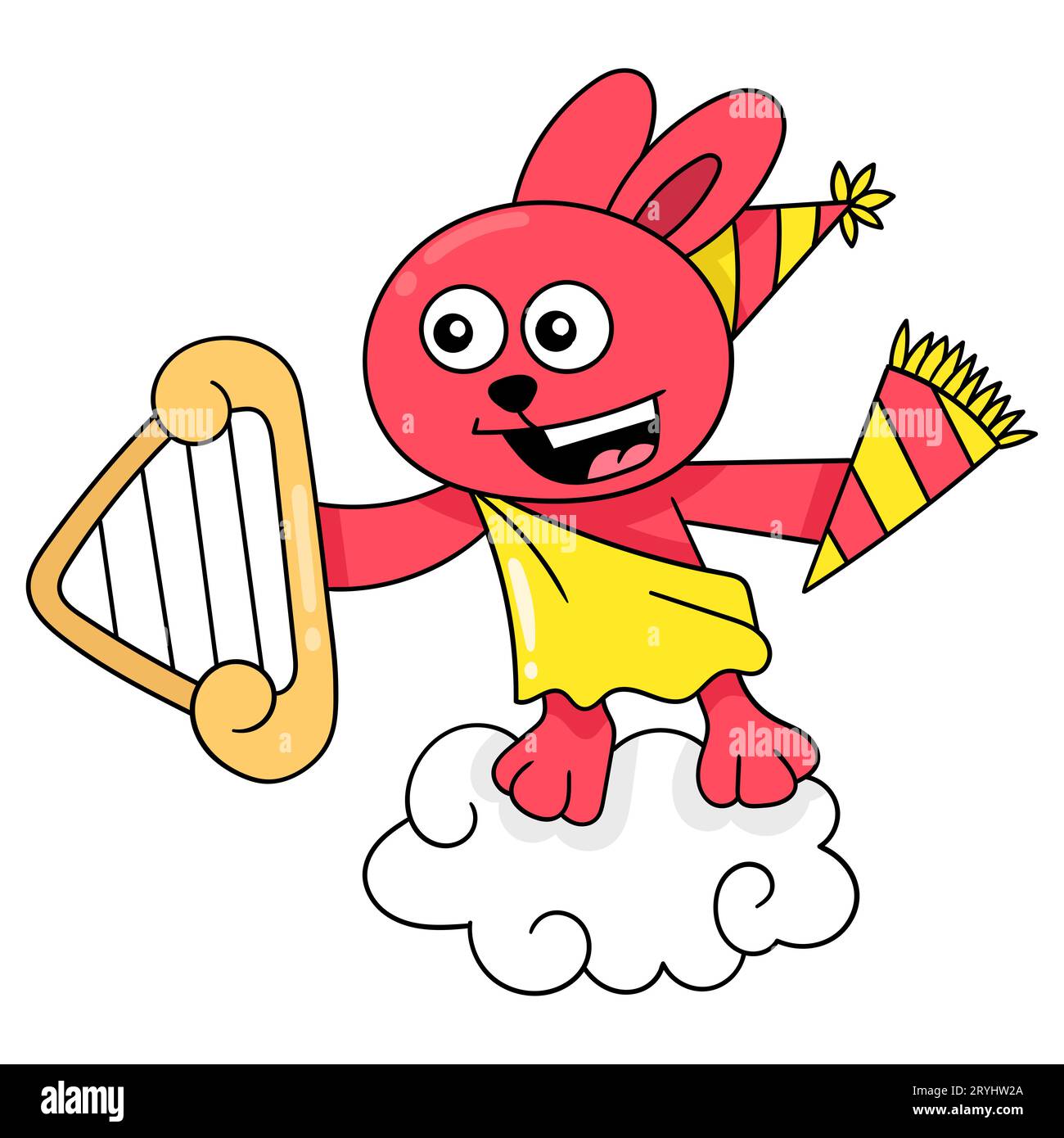 the rabbit is flying above the clouds playing the harp, vector ...