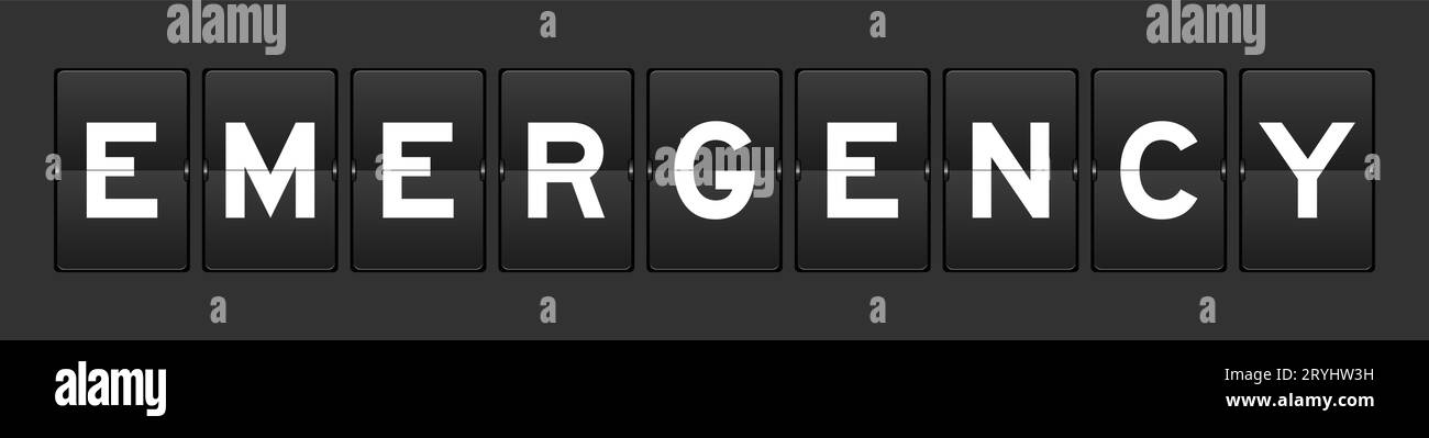 Black color analog flip board with word emergency on gray background ...