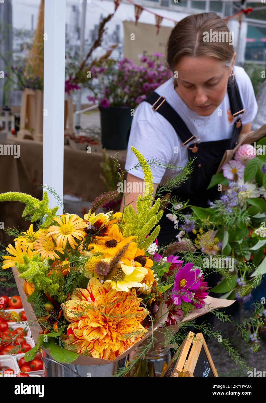 A bouquet of flowers for sale on a stall at the Chiswick Flower Market ...