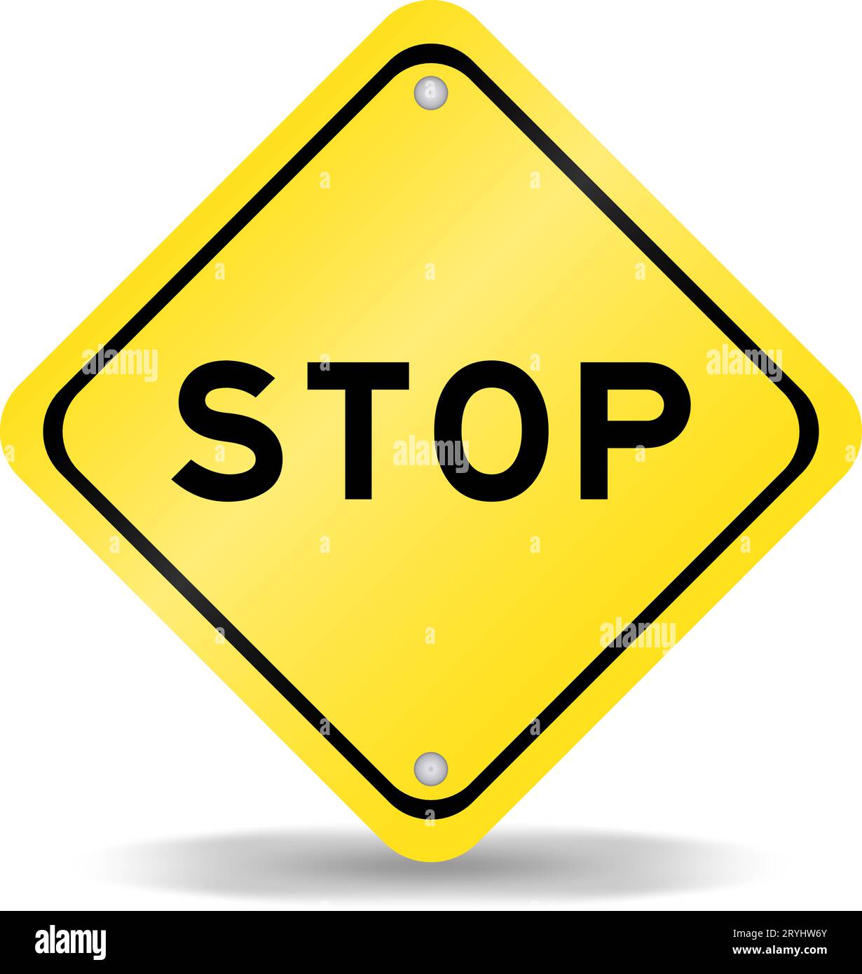 Yellow color transportation sign with word stop on white background ...