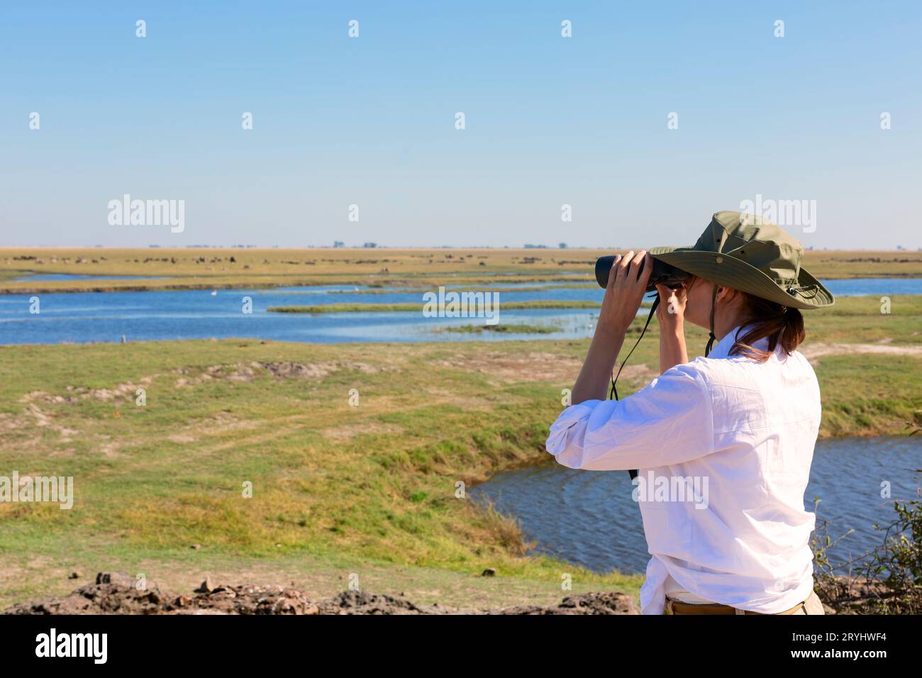 Woman with binoculars enjoying a beautiful view of the African savannah ...
