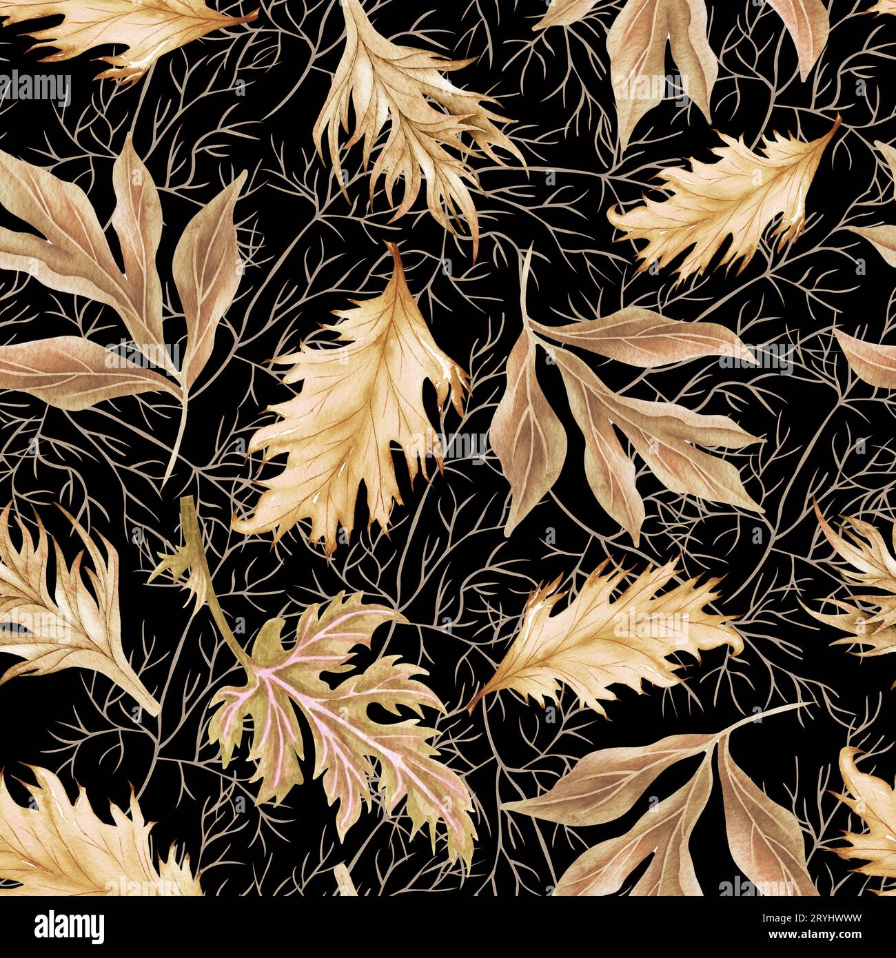 Watercolor seamless pattern dry twig and leaves. Hand painted boho ...