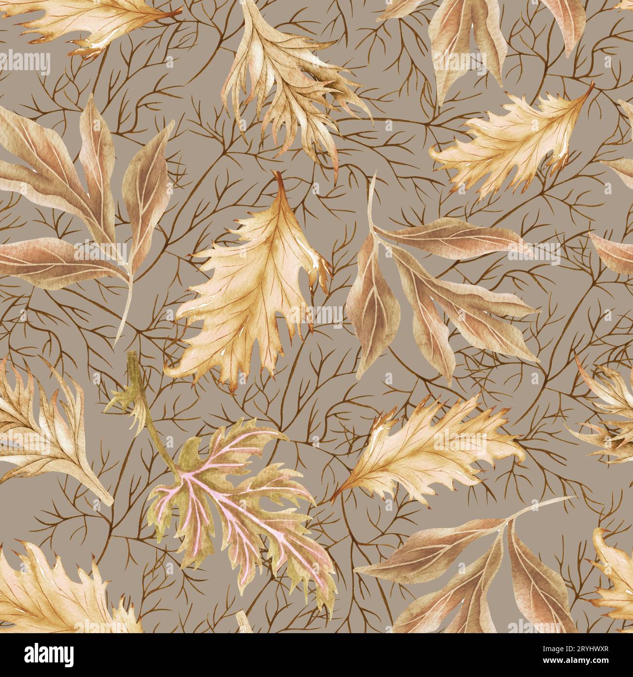 Watercolor seamless pattern dry twig and leaves. Hand painted boho ...