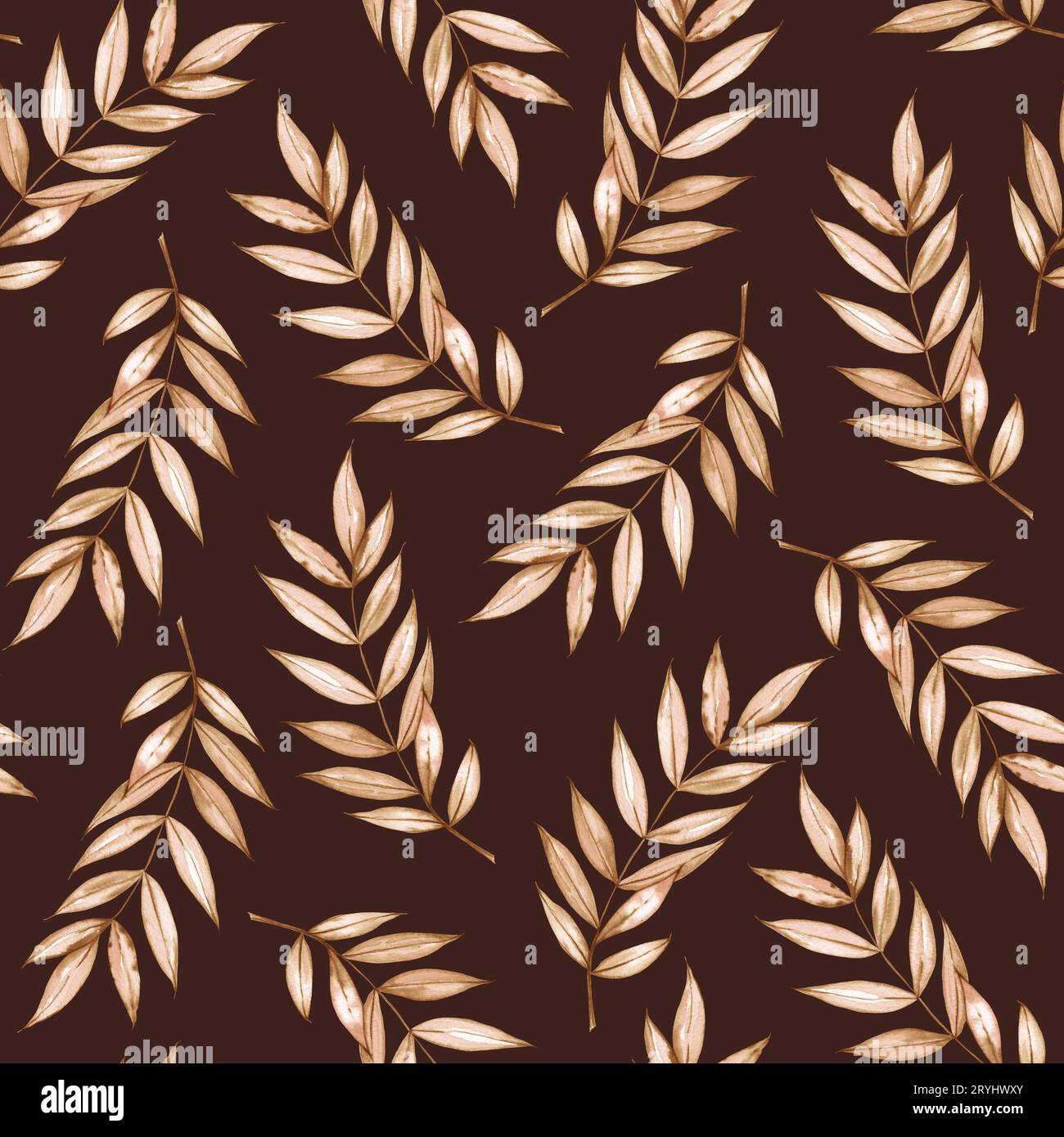 Watercolor seamless pattern dry twig and leaves. Hand painted boho ...