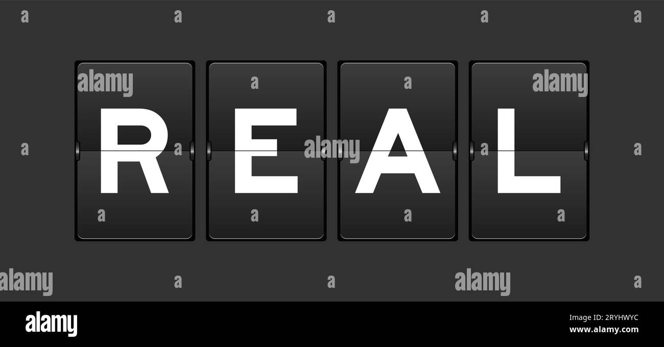 Black color analog flip board with word real on gray background Stock ...