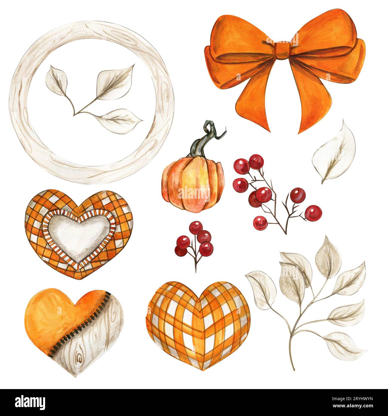 Watercolor hand drawn set of autumn pumpkin, hearts and ribbon. Hand ...