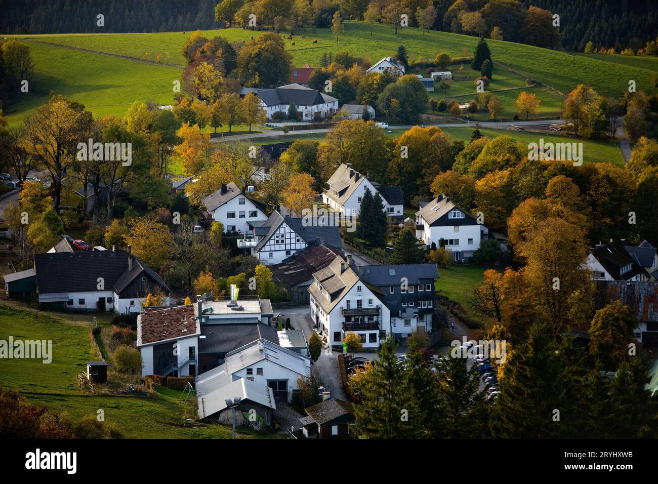 Wide view of the landscape with the small town of Wildewiese, Sundern ...