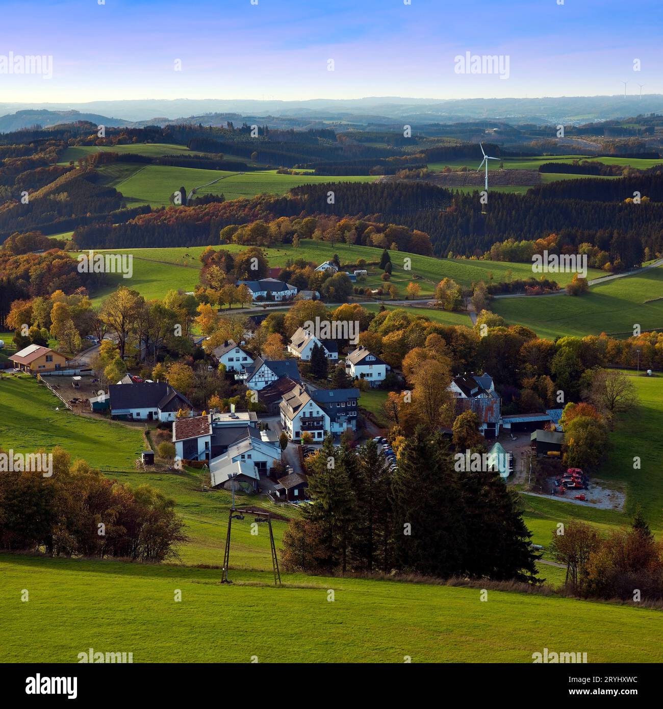 Wide view of the landscape with the small town of Wildewiese, Sundern ...