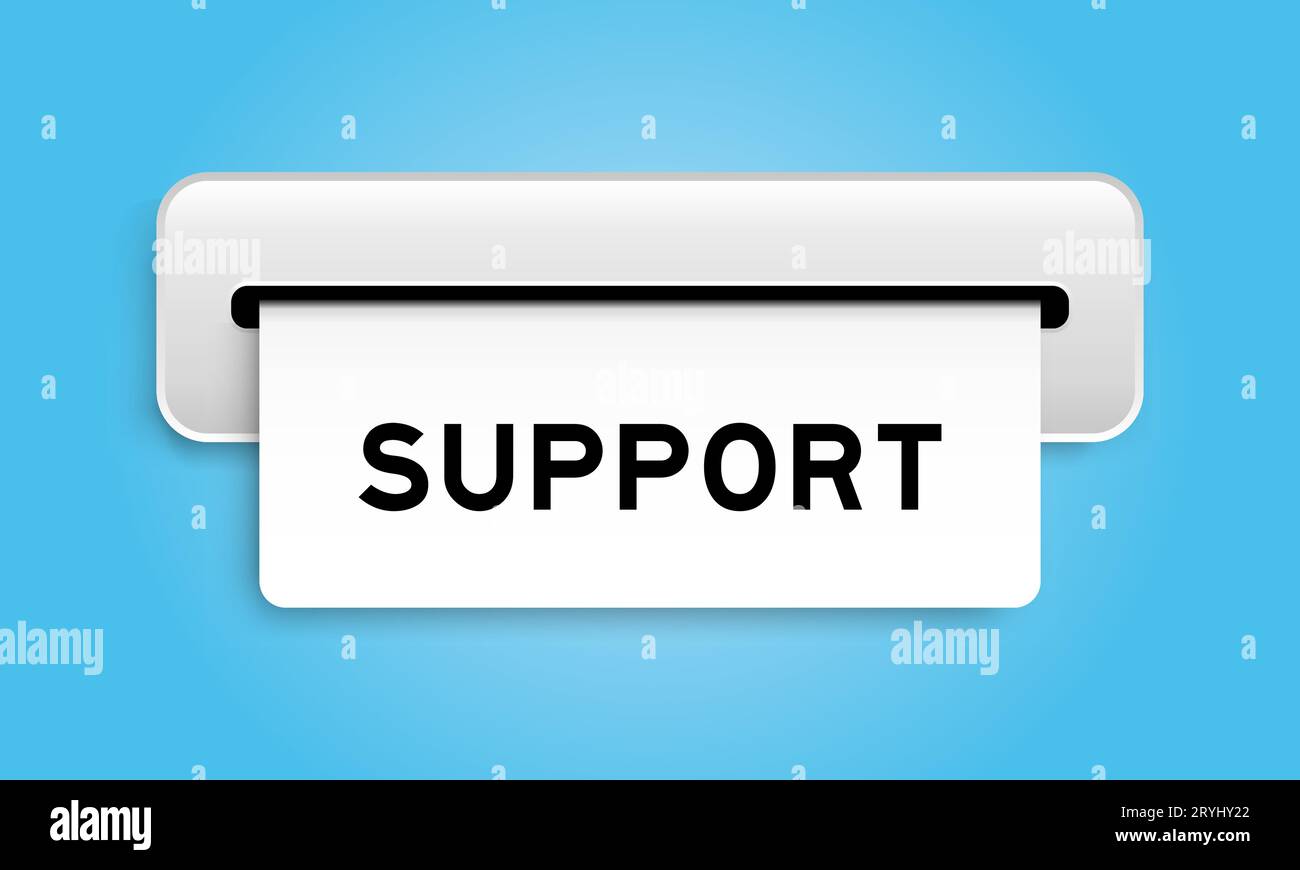 White coupon banner with word support from machine on blue color ...