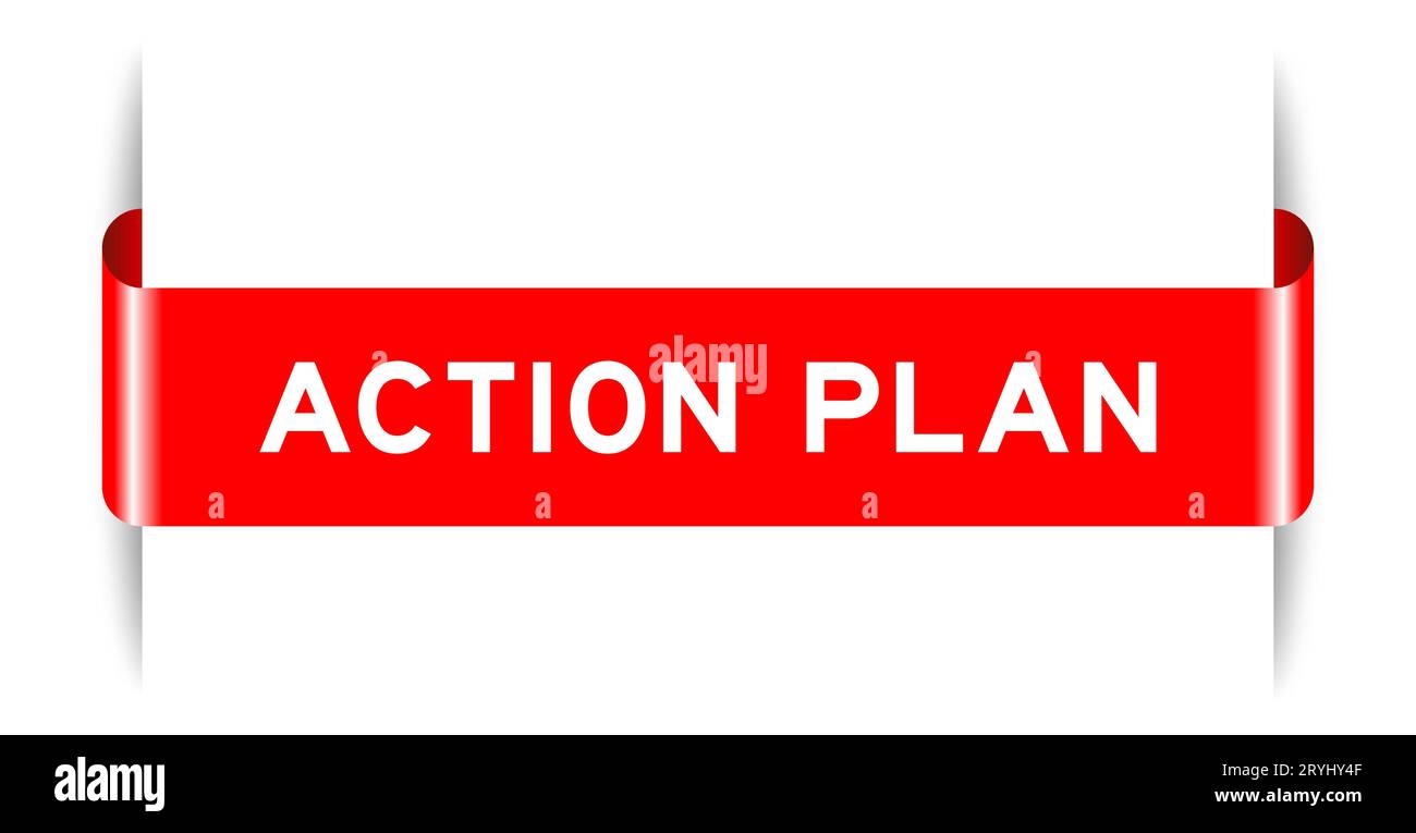 Red color inserted label banner with word action plan on white ...