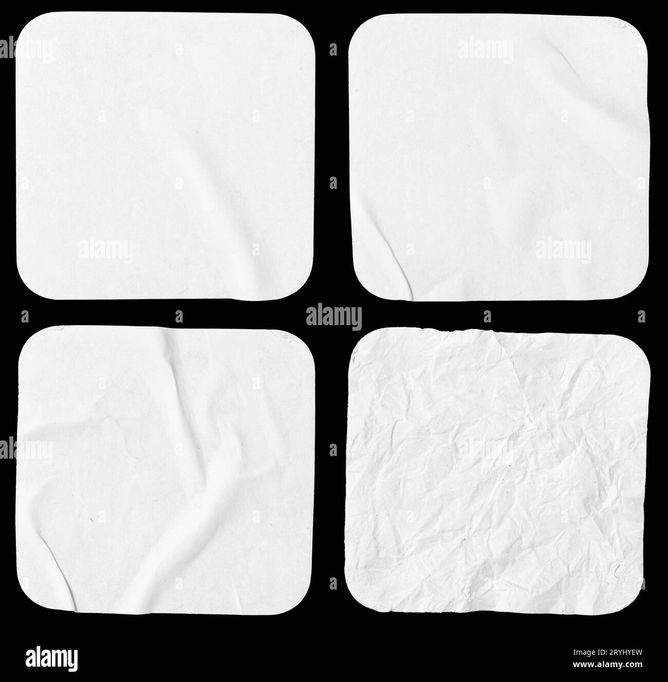 Set of blank white square shape cards. Crumpled paper pieces isolated ...