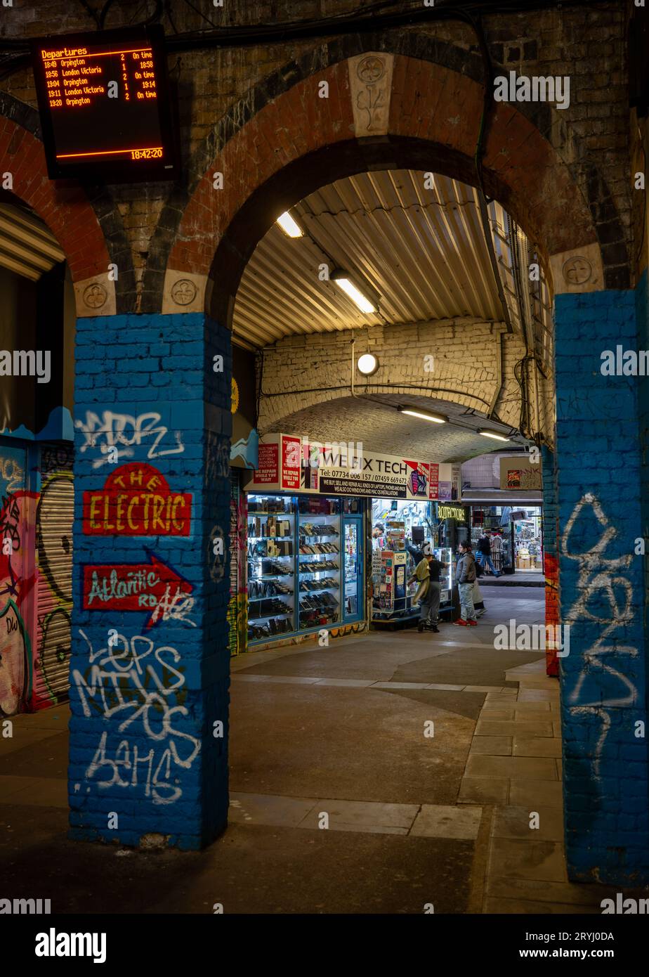 Brixton, London, UK: Subway beneath Brixton railway station at night ...