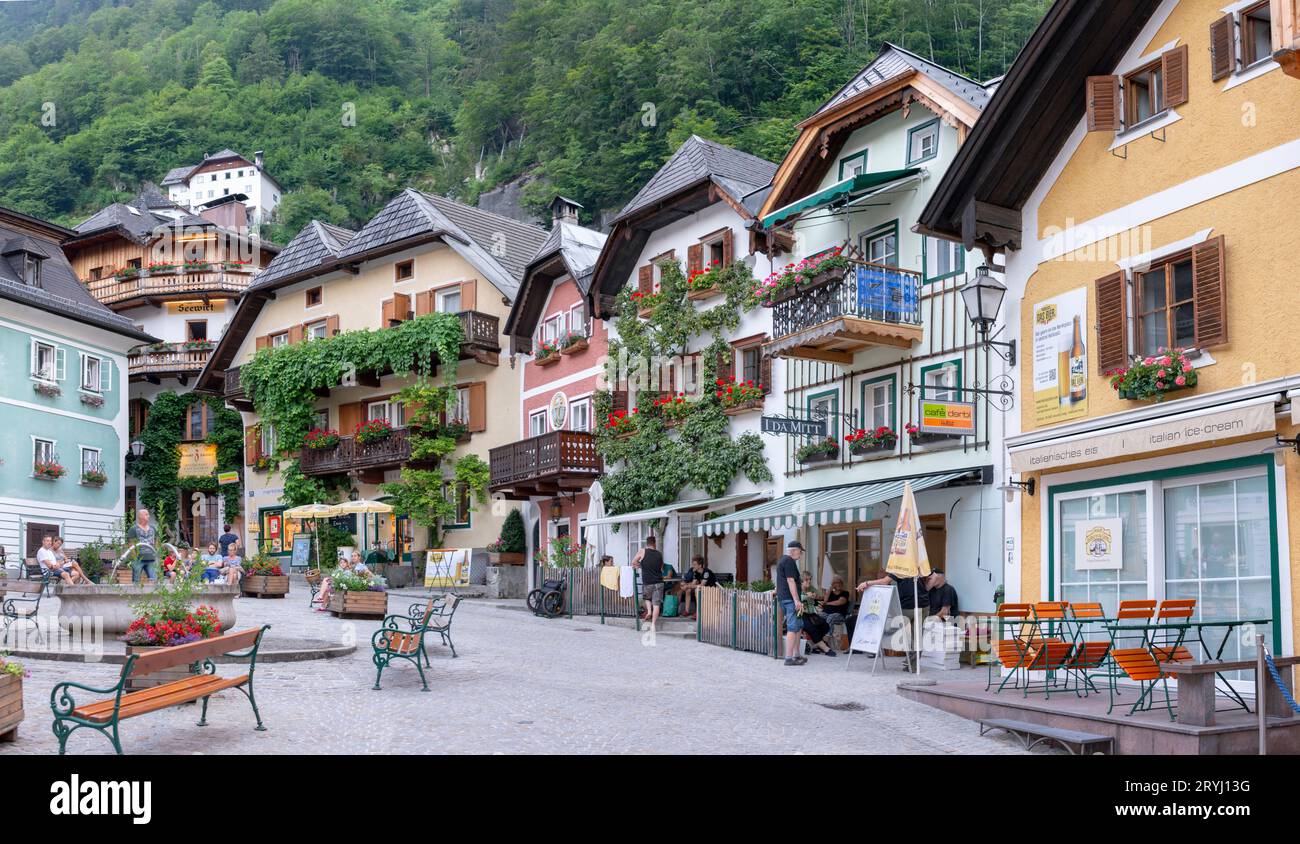 HALLSTATT, AUSTRIA - August,10, 2020 : Town square in Hallstatt ...