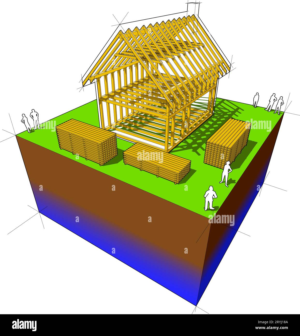 Construction of simple detached house with wooden framework ...