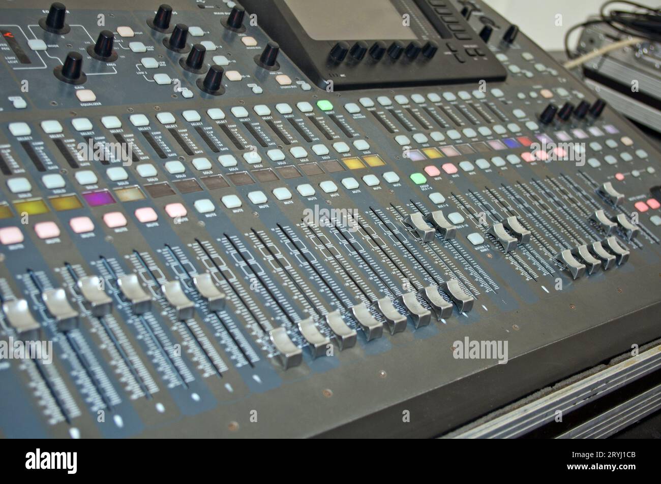 Audio Console. Professional concert sound mixer panel with sliders and ...