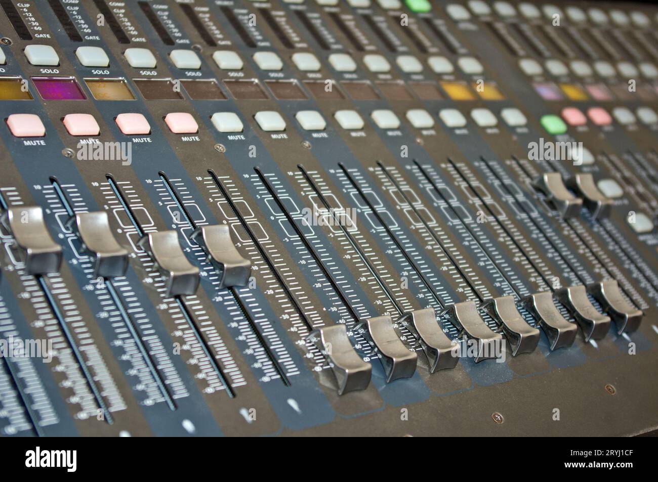 Audio Console. Professional concert sound mixer panel with sliders and ...