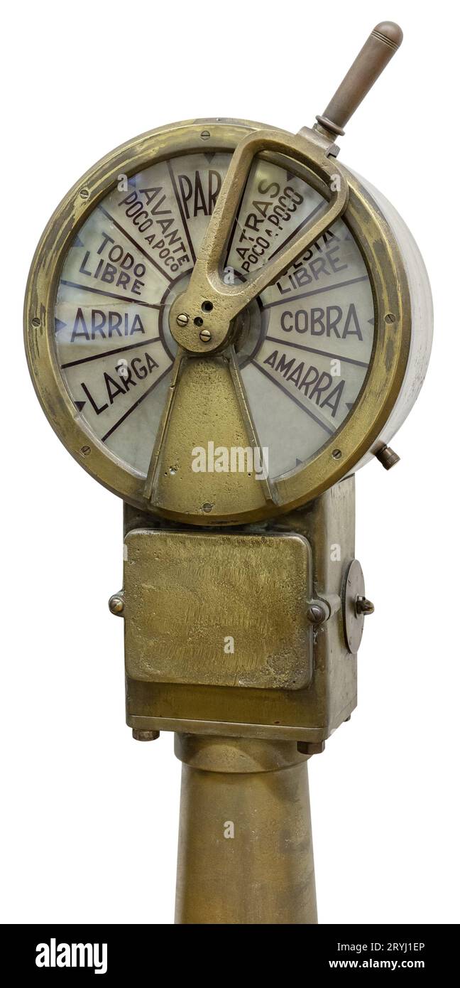 Antique 19th century spanish engine room telegraph isolated on white ...