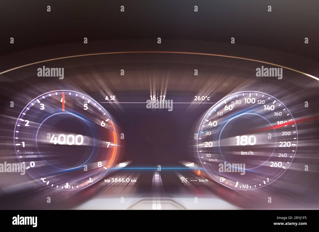 Speedometer and tachometer of modern car. Fast speed on the speedometer ...