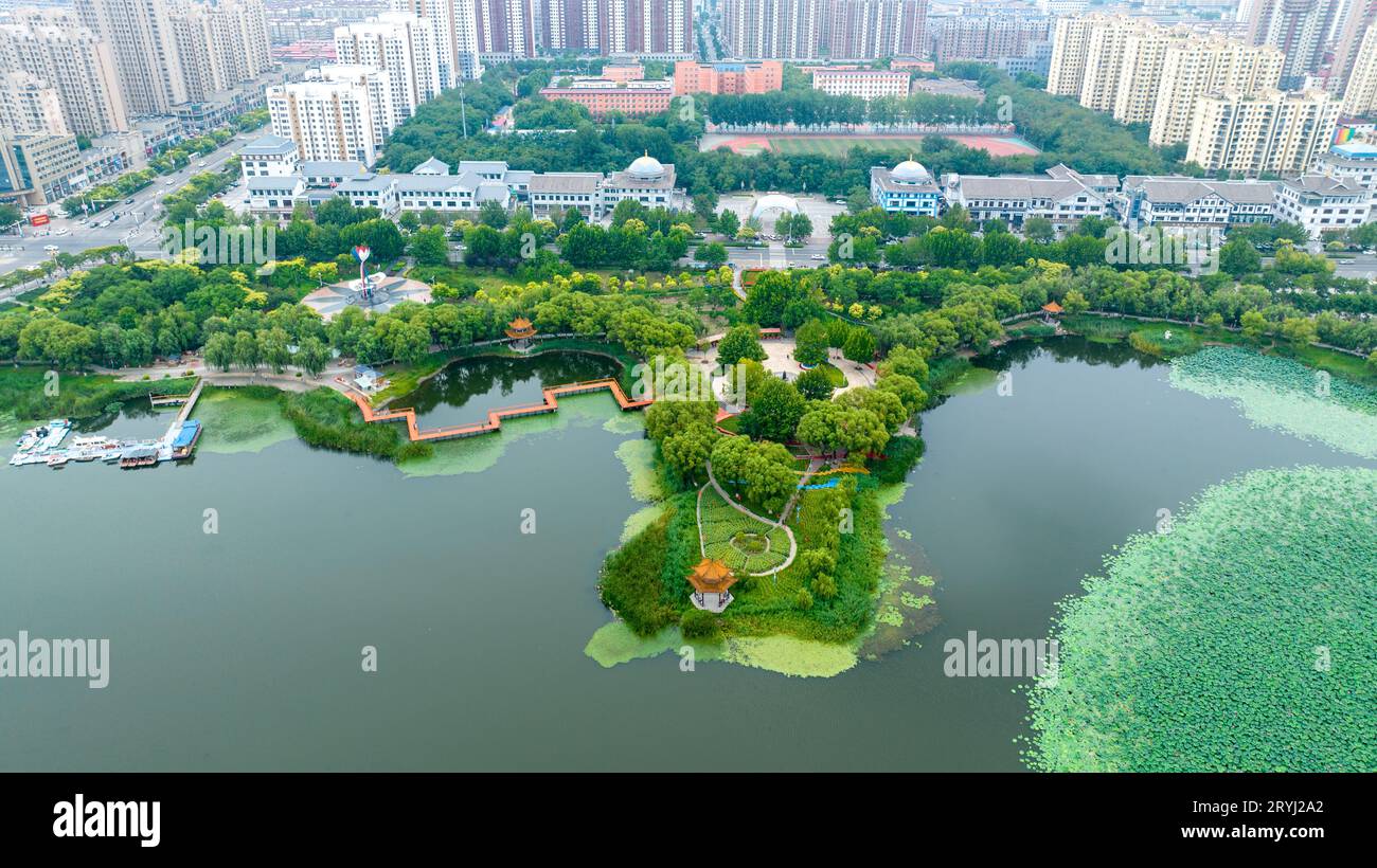 Aerial photography of waterfront city scenery in North China Stock ...