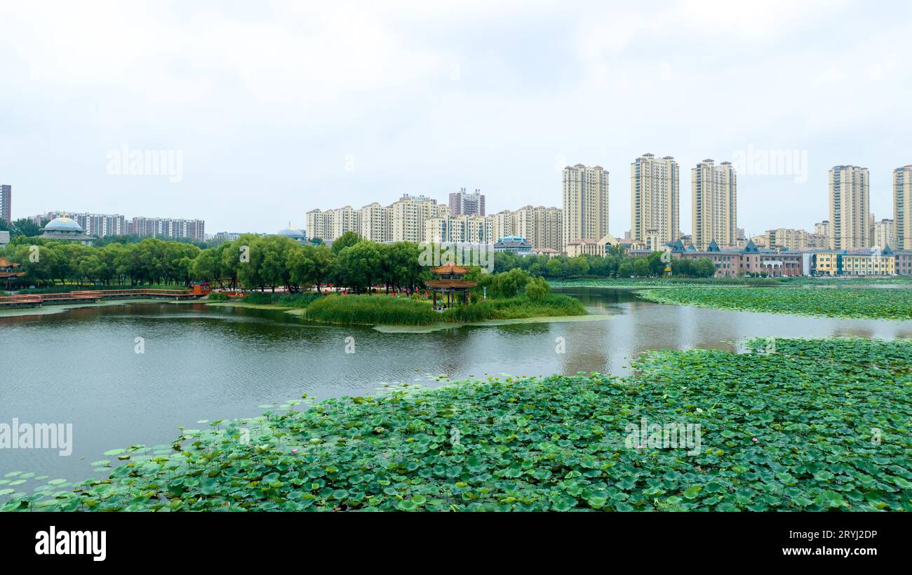 Aerial photography of waterfront city scenery in North China Stock ...