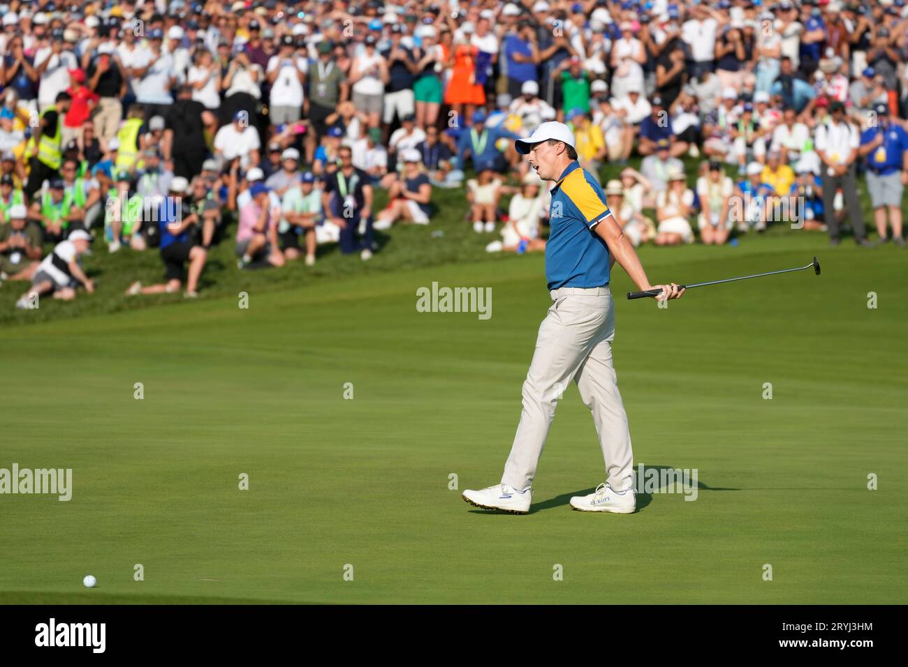 Europe's Matt Fitzpatrick reacts after missing a putt on the 18th green ...