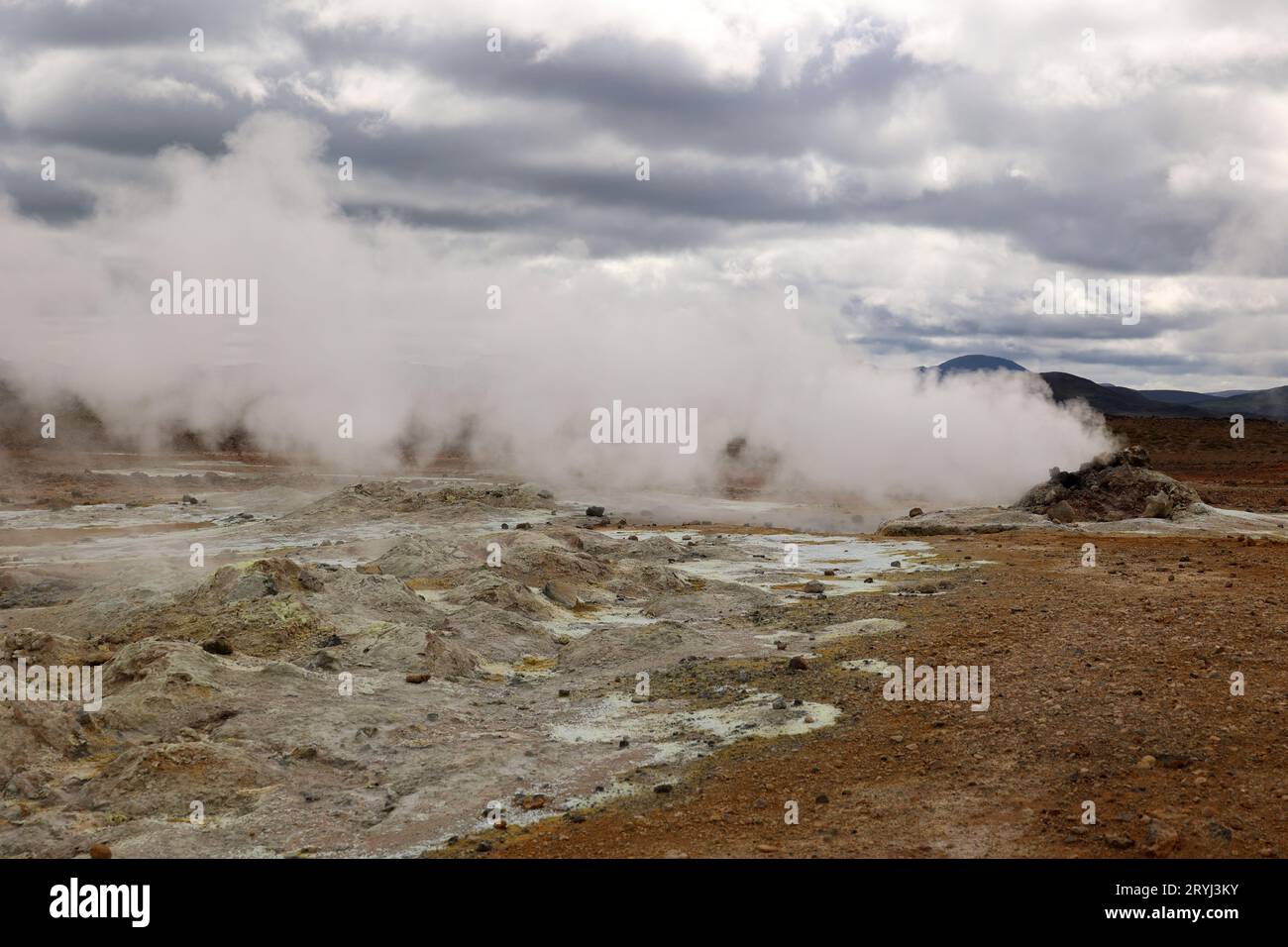 Iceland- sulfur fumarole in the colorful Namaskard high temperature ...