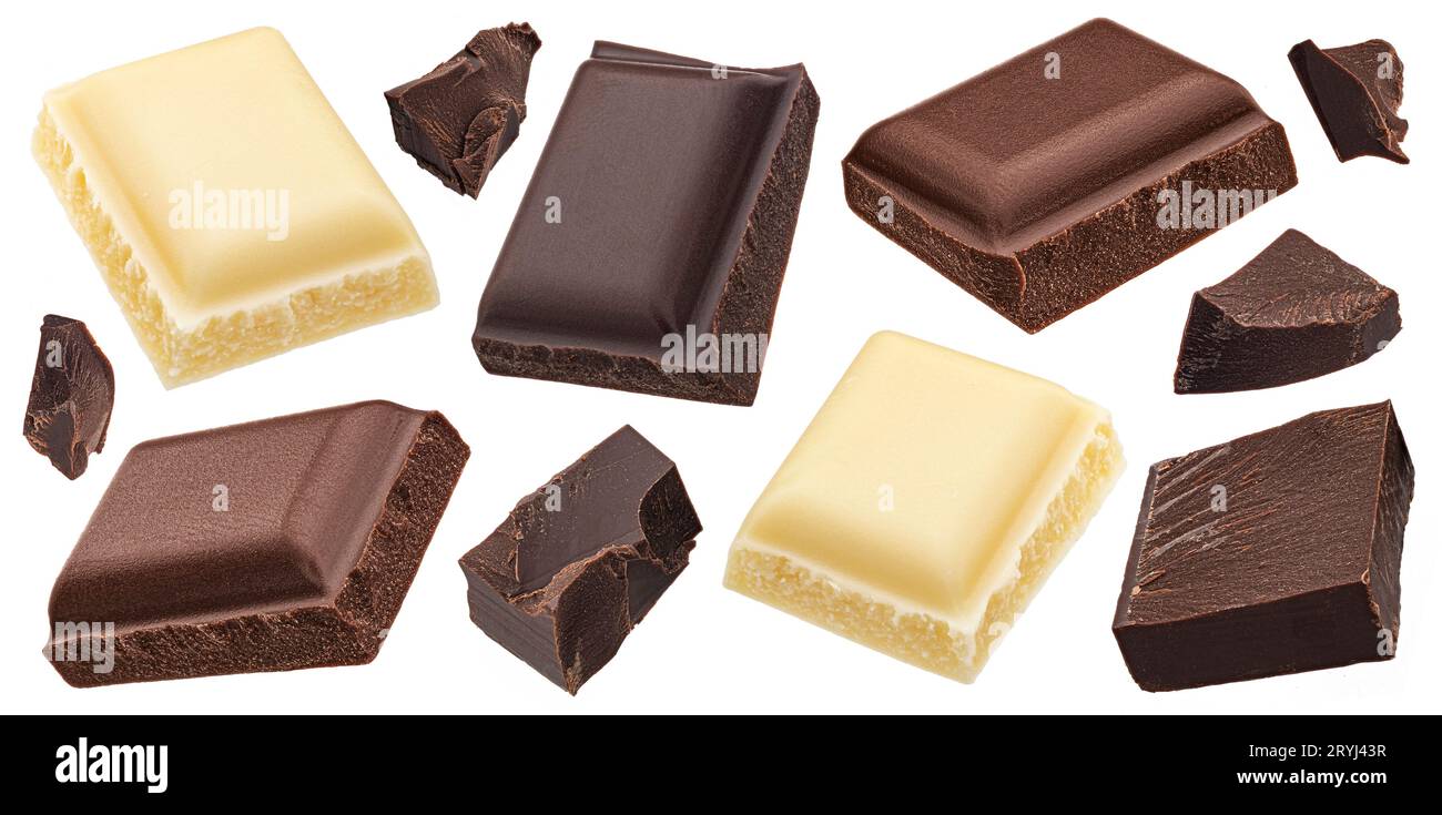Chocolate pieces isolated on white background Stock Photo - Alamy