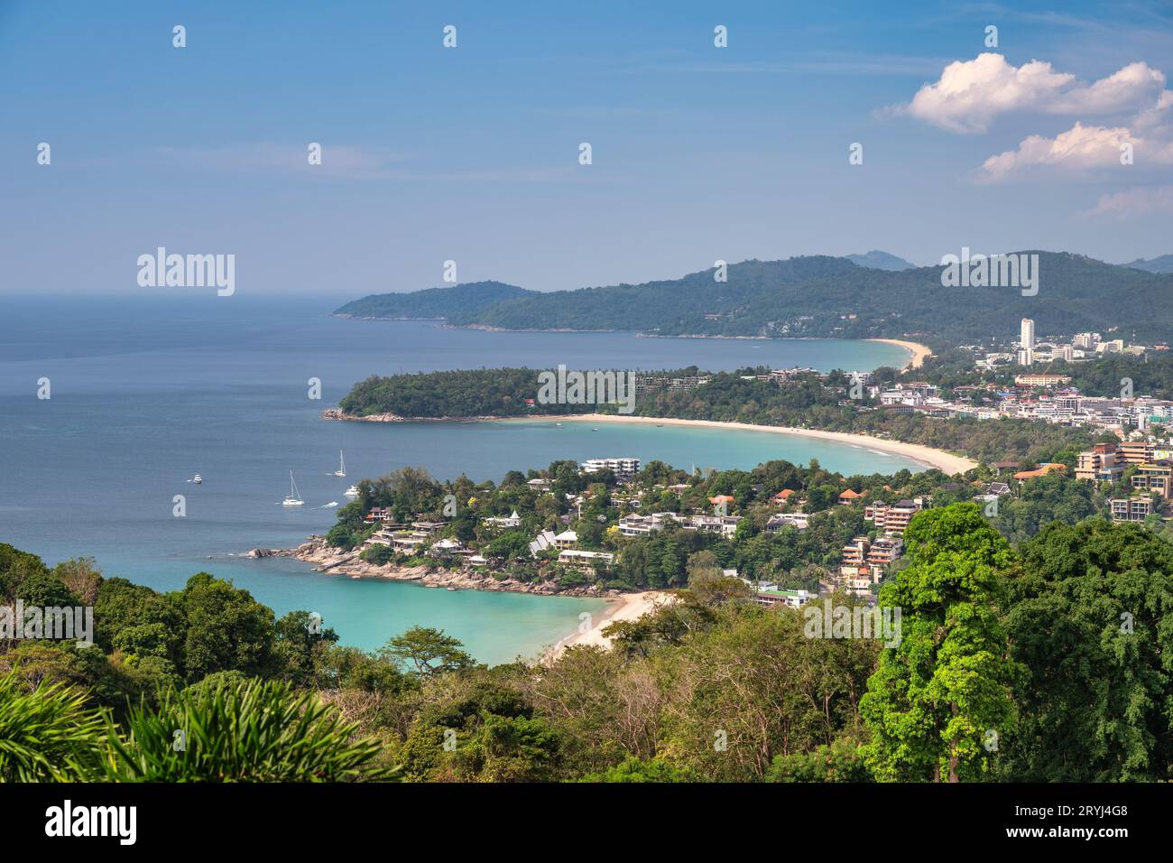 Tropical islands view with ocean blue sea water and white sand beach at ...