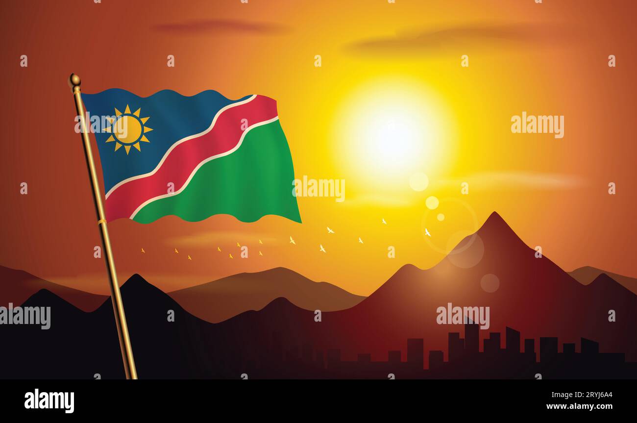 Namibia flag with sunset background of mountains and lakes Stock Vector ...