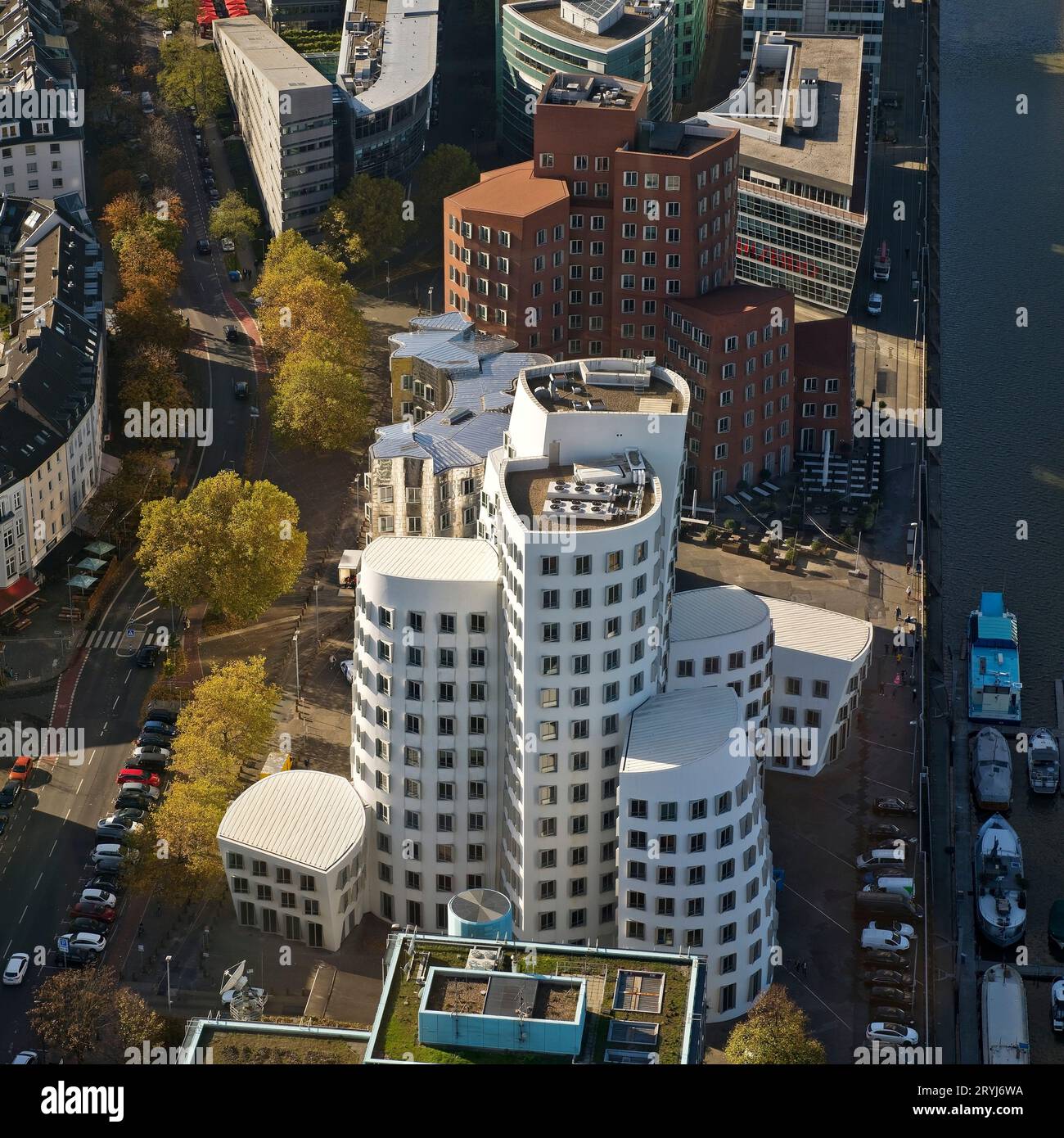 View from the Rheinturm on the Gehry buildings in the Medienhafen ...