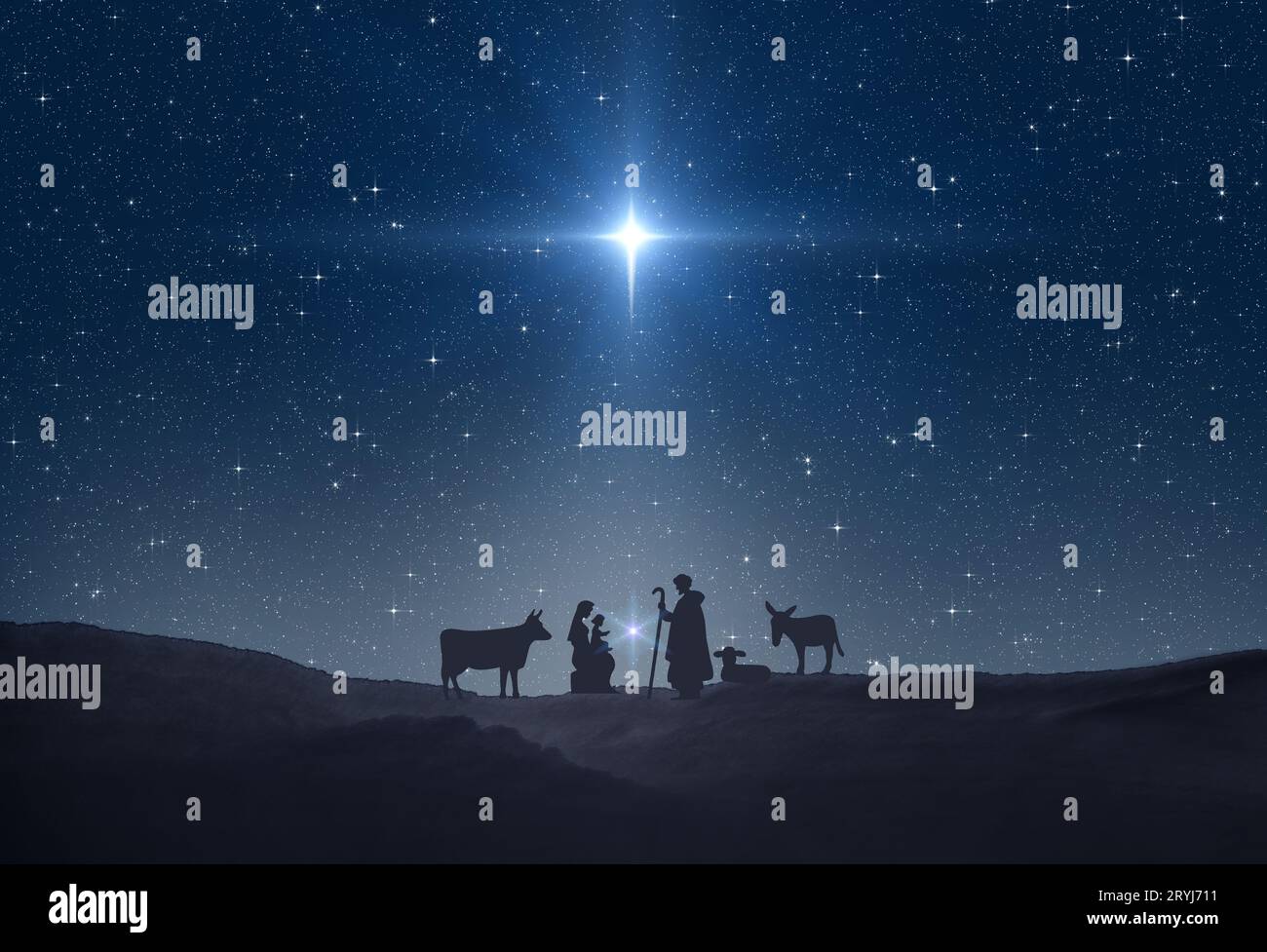 Star of Bethlehem, or Christmas Star. Silhouettes of Jesus Christ, Mary ...