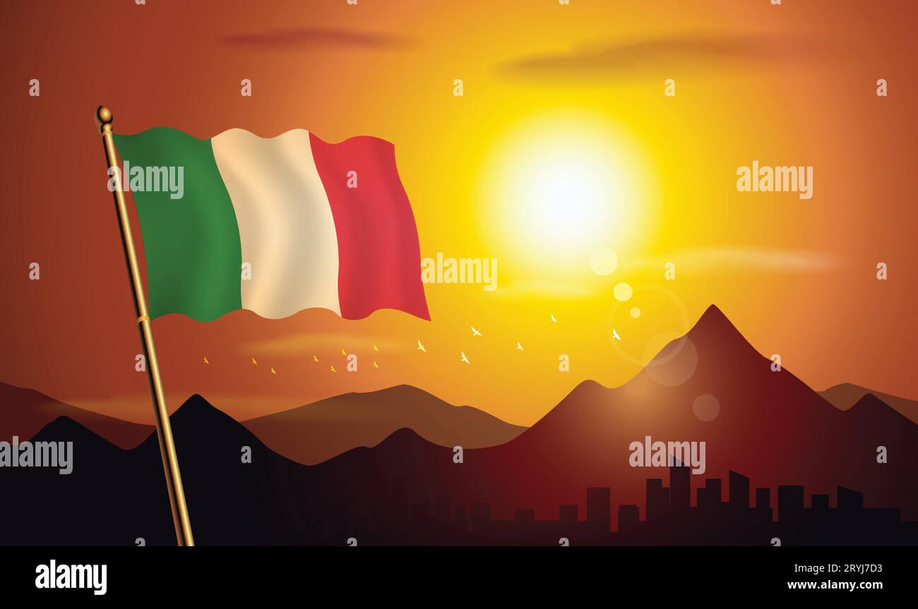 Italy flag with sunset background of mountains and lakes Stock Vector ...