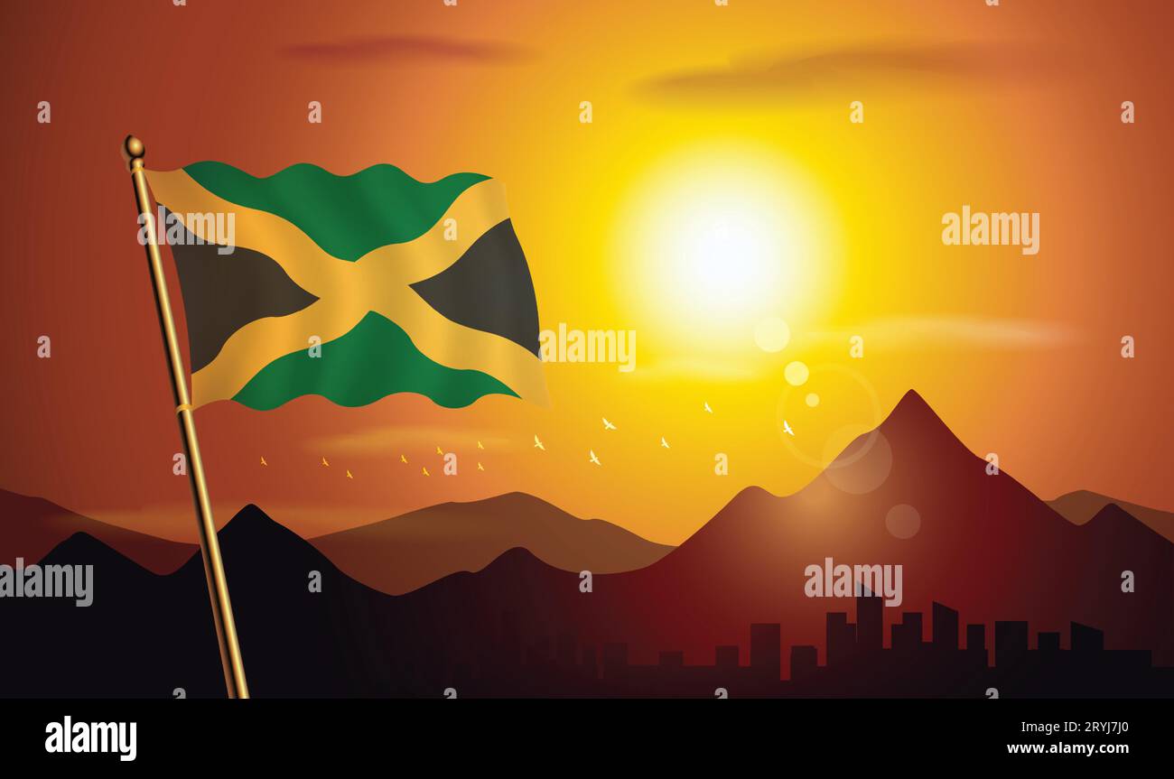 Jamaica flag with sunset background of mountains and lakes Stock Vector ...