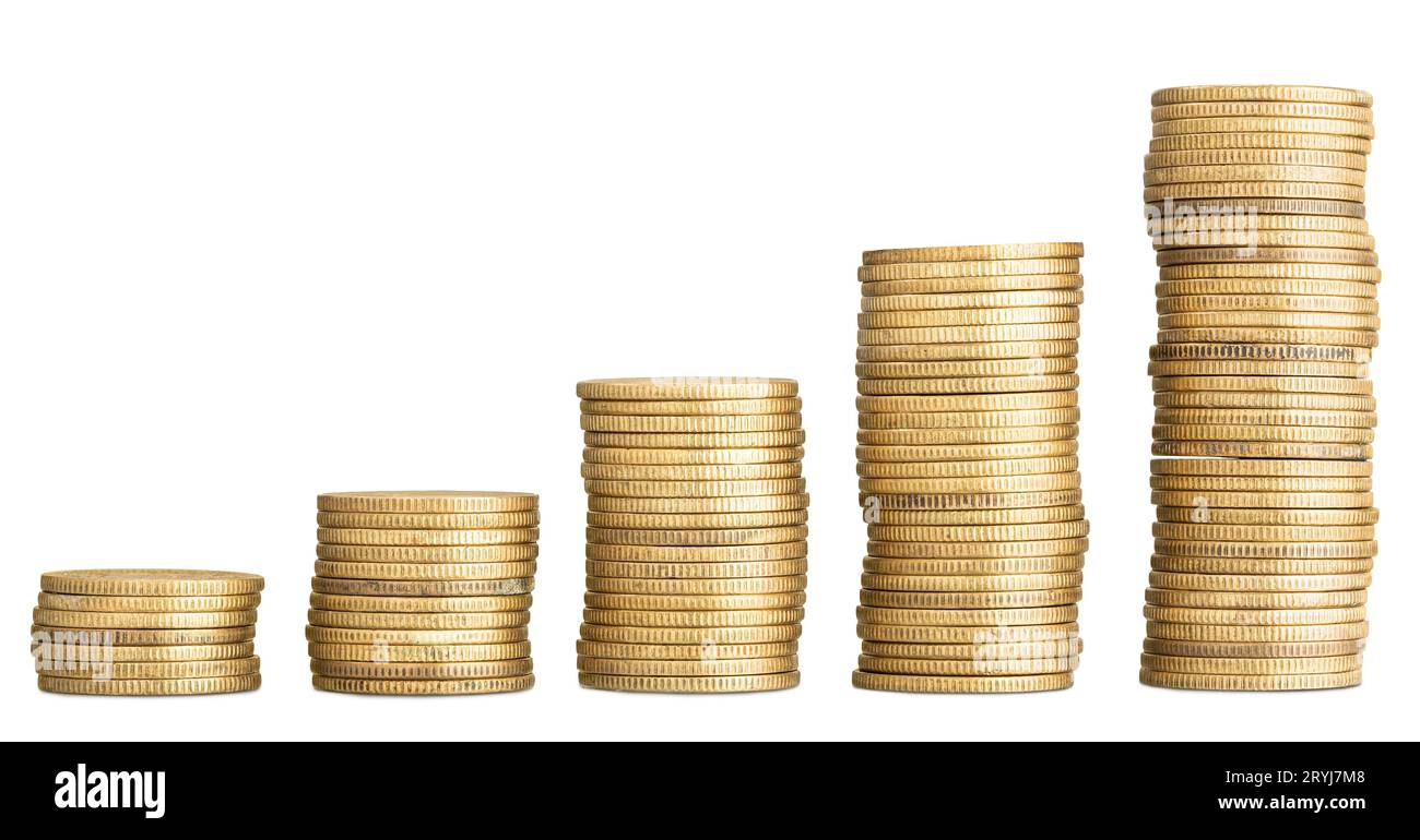 Golden coins stacked forming a raising chart. Money growth concept ...