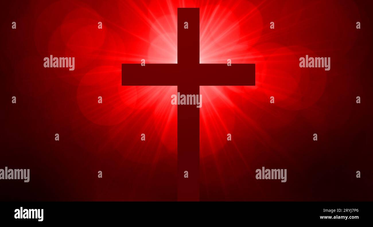 Cross surrounded by red sun rays. Easter and resurrection concept Stock ...