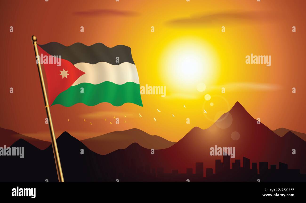 Jordan flag with sunset background of mountains and lakes Stock Vector ...