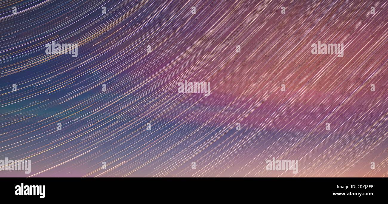 Panoramic View Of Night Sky. Unusual Stars Effect Sky. Meteors Fly ...