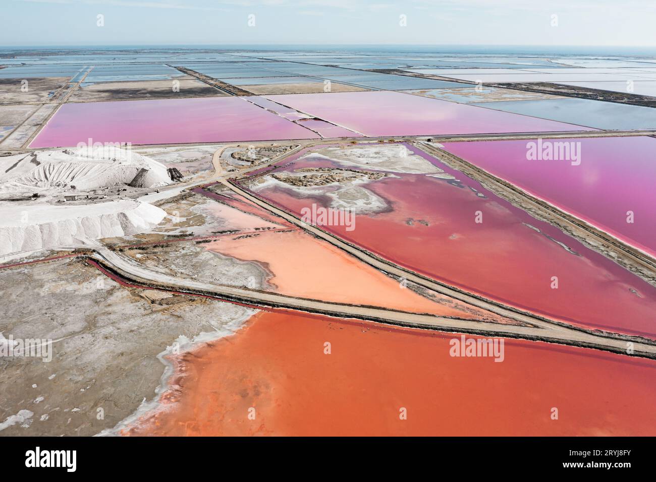 Aerial view over beautiful salt fields in Provence, France Stock Photo ...