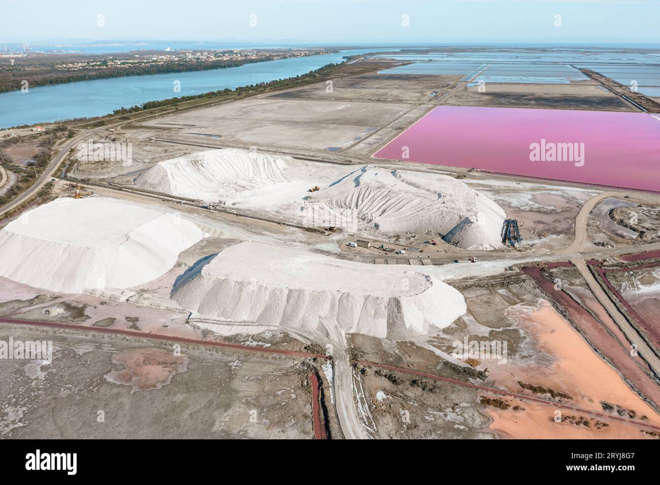 Aerial view over beautiful salt fields in Provence, France Stock Photo ...