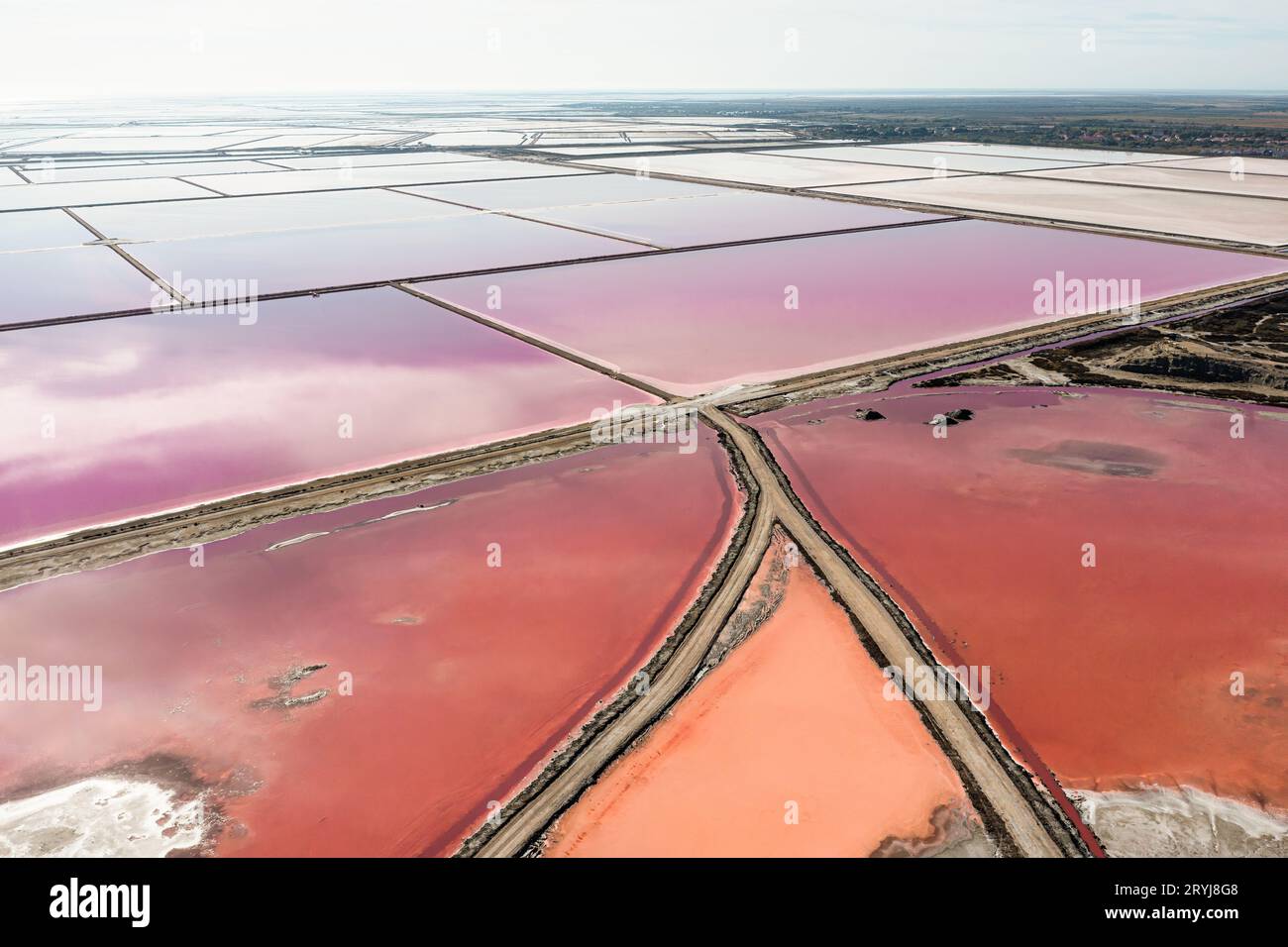 Aerial view over beautiful salt fields in Provence, France Stock Photo ...