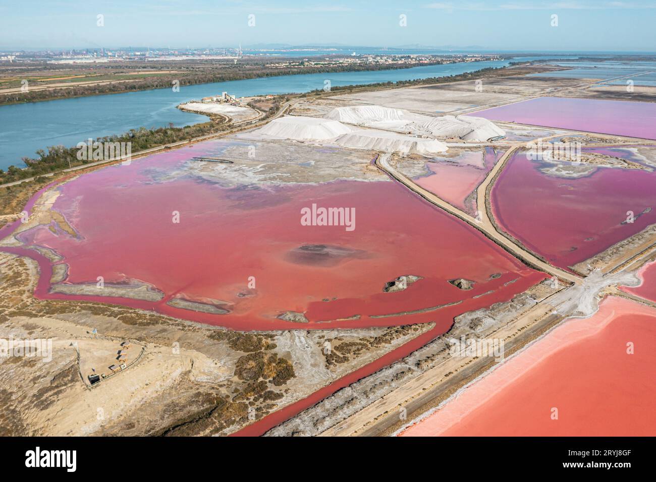 Aerial view over beautiful salt fields in Provence, France Stock Photo ...