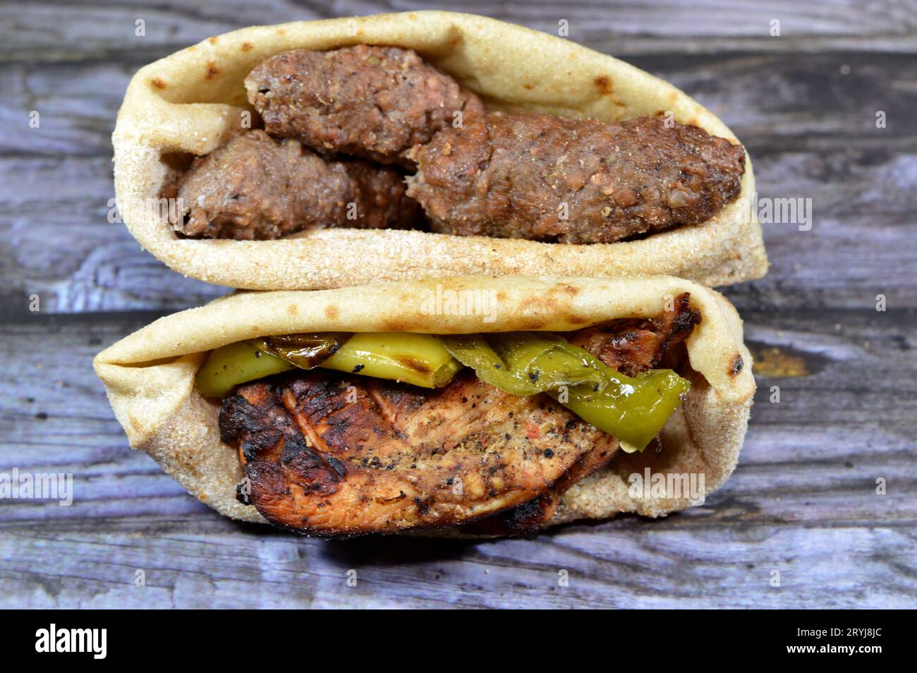 Sandwiches of beef Kofta and tarb kofta shish, minced meat wrapped in ...