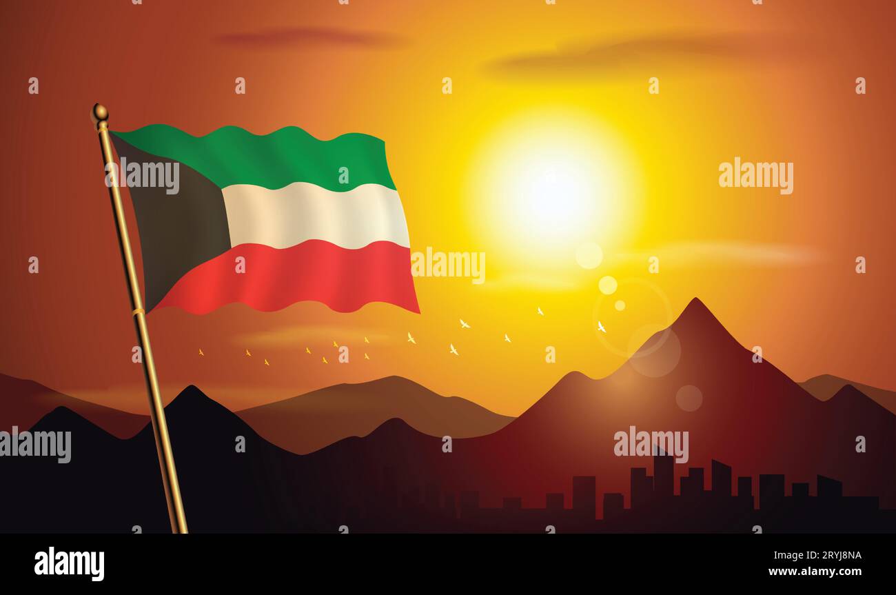 Kuwait flag with sunset background of mountains and lakes Stock Vector ...