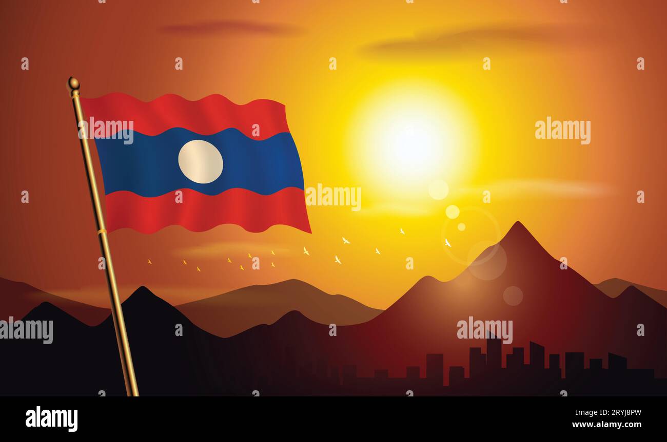 Laos flag with sunset background of mountains and lakes Stock Vector ...